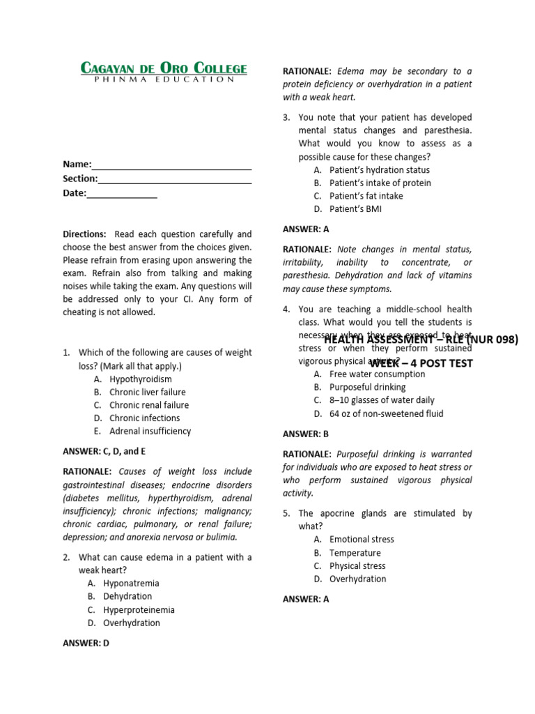 RLE Health Assessment Post Test | PDF | Human Nose | Ear