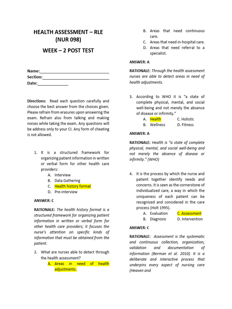 Week 2 Ha Rle Post Test Answer Key | PDF | Physical Examination | Nursing