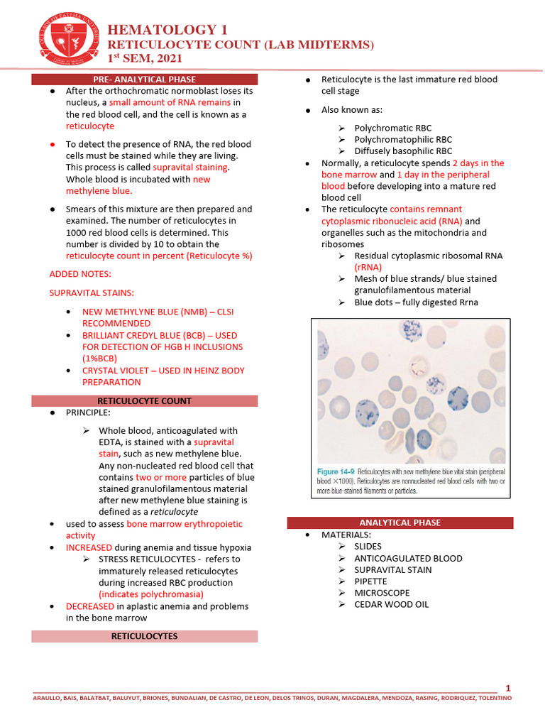 Hema Lab Reticulocyte Count W1 Finals | PDF | Red Blood Cell | Staining