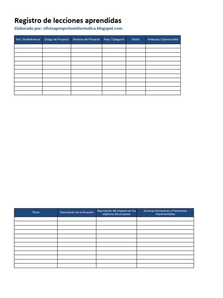 Plantilla Registro de lecciones aprendidas.xls | PDF