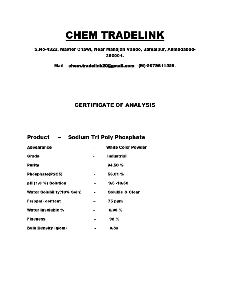COA - STPP - 56% - Industrial Grade | PDF