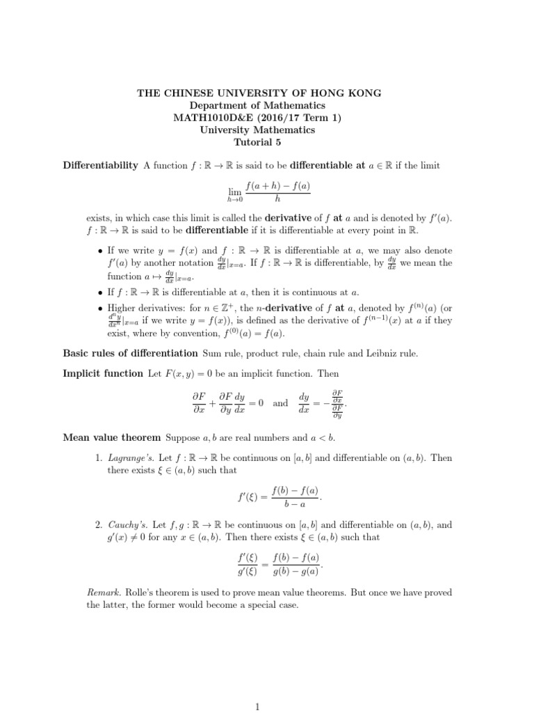 Tutorial 5 | PDF | Derivative | Subtraction