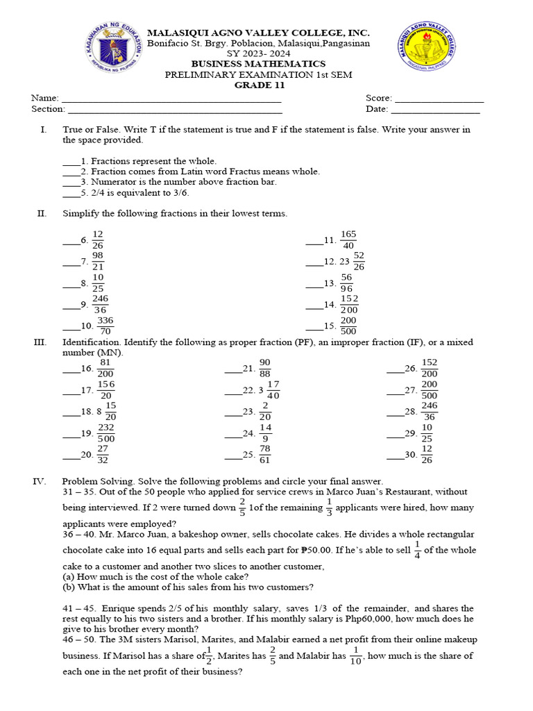 Business Math Preliminary Exam | PDF | Mathematics