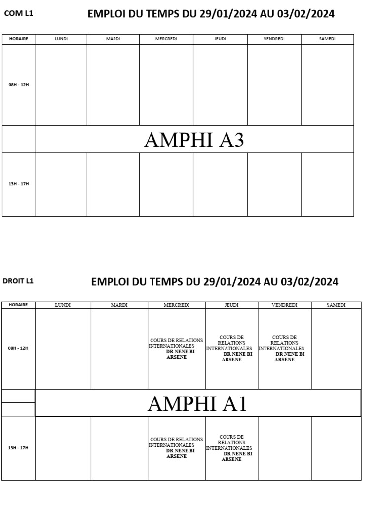 Emploi du temps L1 du 29/01 au 03/02 | PDF