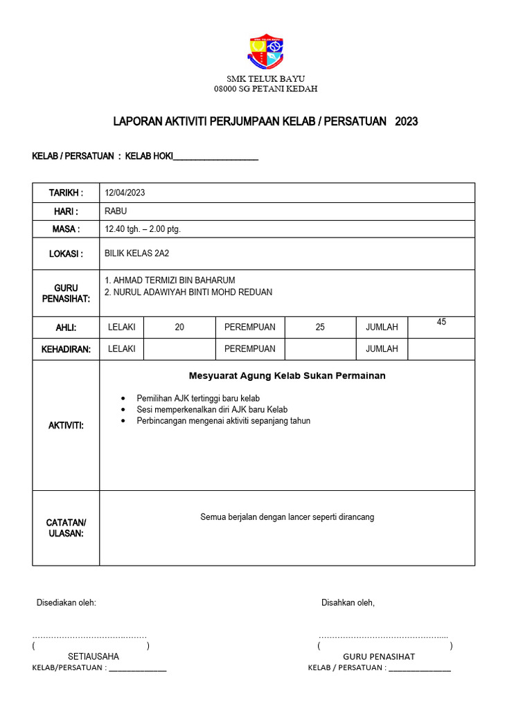 Laporan Aktiviti Kelab Hoki | PDF