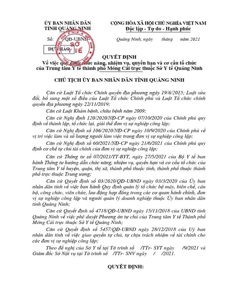 Dự Thảo QĐ UBND Tỉnh v.v Quy Định Chức Năng Nhiệm Vụ Của TTYT Móng Cái.signed | PDF