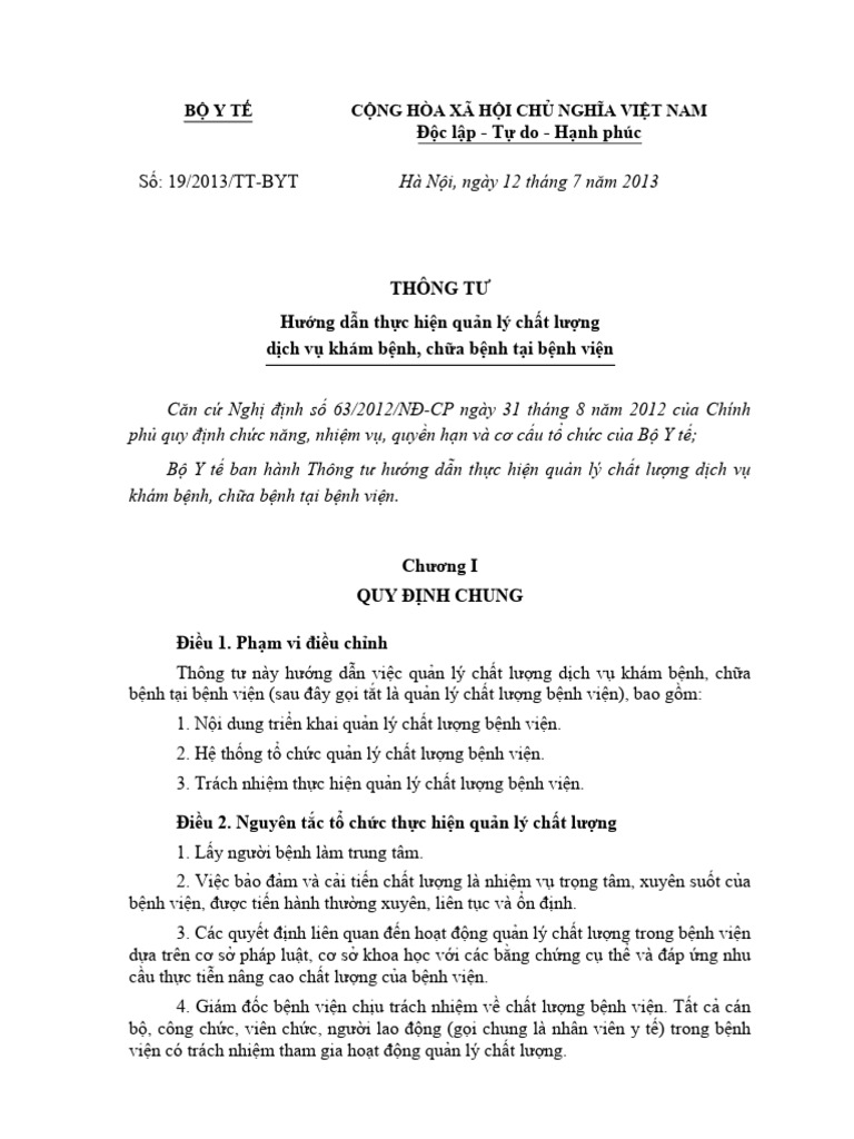 Thong Tu 19 Ve Huong Dan Quan Ly Chat Luong Benh Vien | PDF