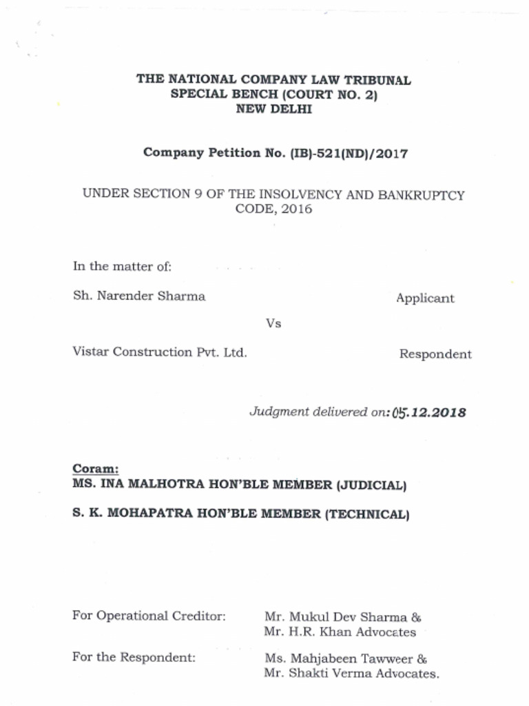 Narender Sharma vs. Vistar Construction | PDF