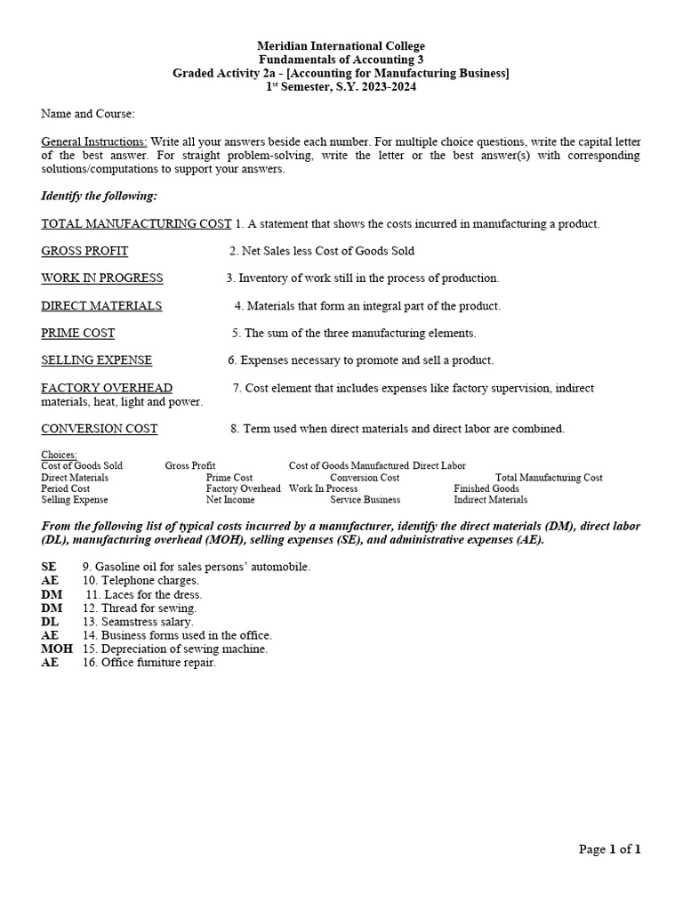 Graded Activity 2a - Accounting For Manufacturing Business | PDF ...