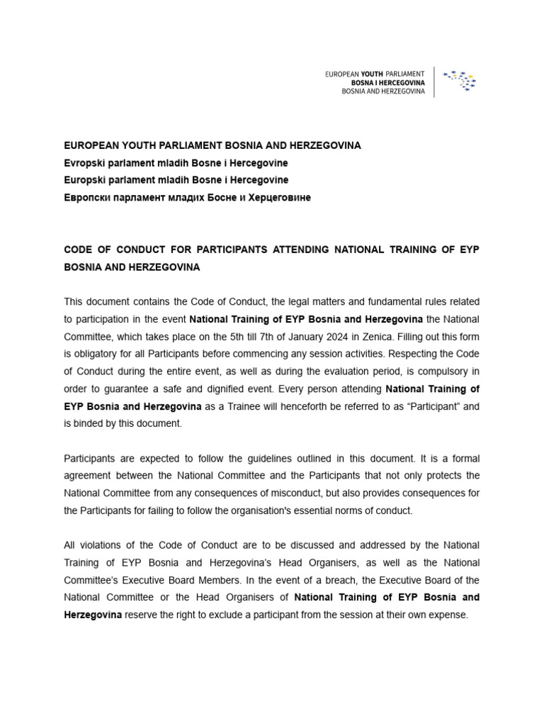 Code of Conduct EYPBiH - LanaOmerovic | PDF | Harassment | Discrimination