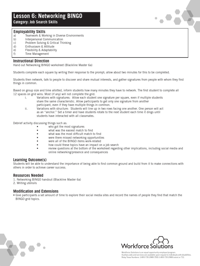 Lesson6 Networking Bingo | PDF | Career & Growth