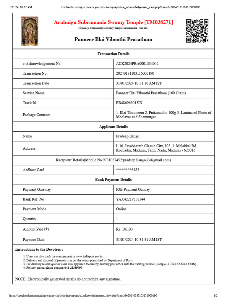 Tiruchendurmurugan - Hrce.tn - Gov.in Ticketing Reports e ...