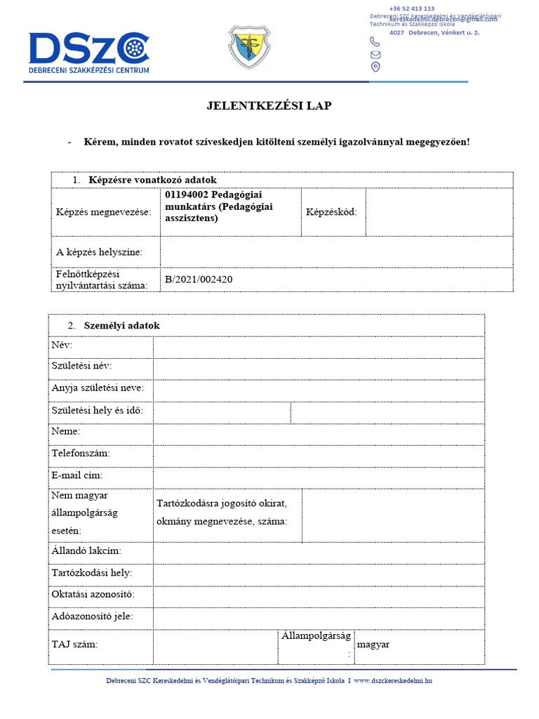 Jelentkezési Lap-Pedagógiai Munkatárs | PDF