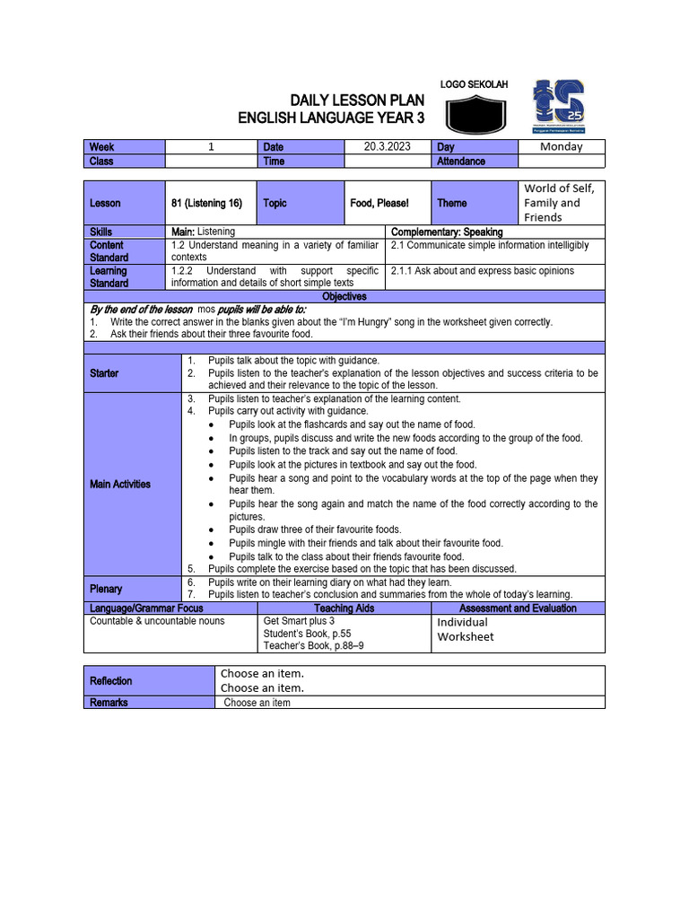 Year 3 English Lesson Plan: Food Focus | PDF | Lesson Plan | Teachers