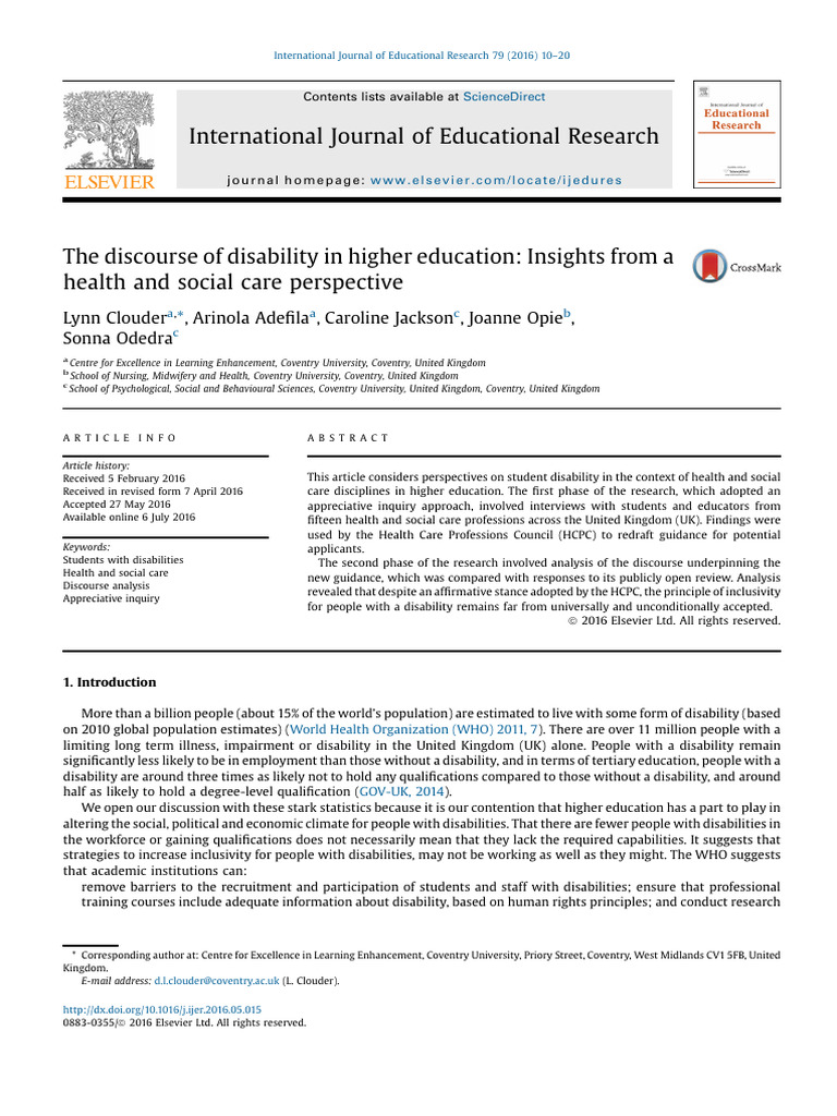 Clouder Et Al 2016 The Discourse of Disability in Higher Education ...