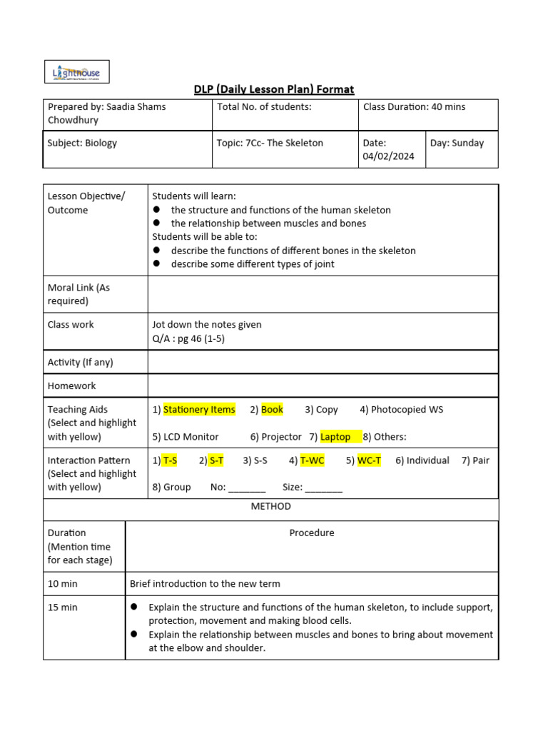 Biology Lesson Plan: The Human Skeleton | PDF