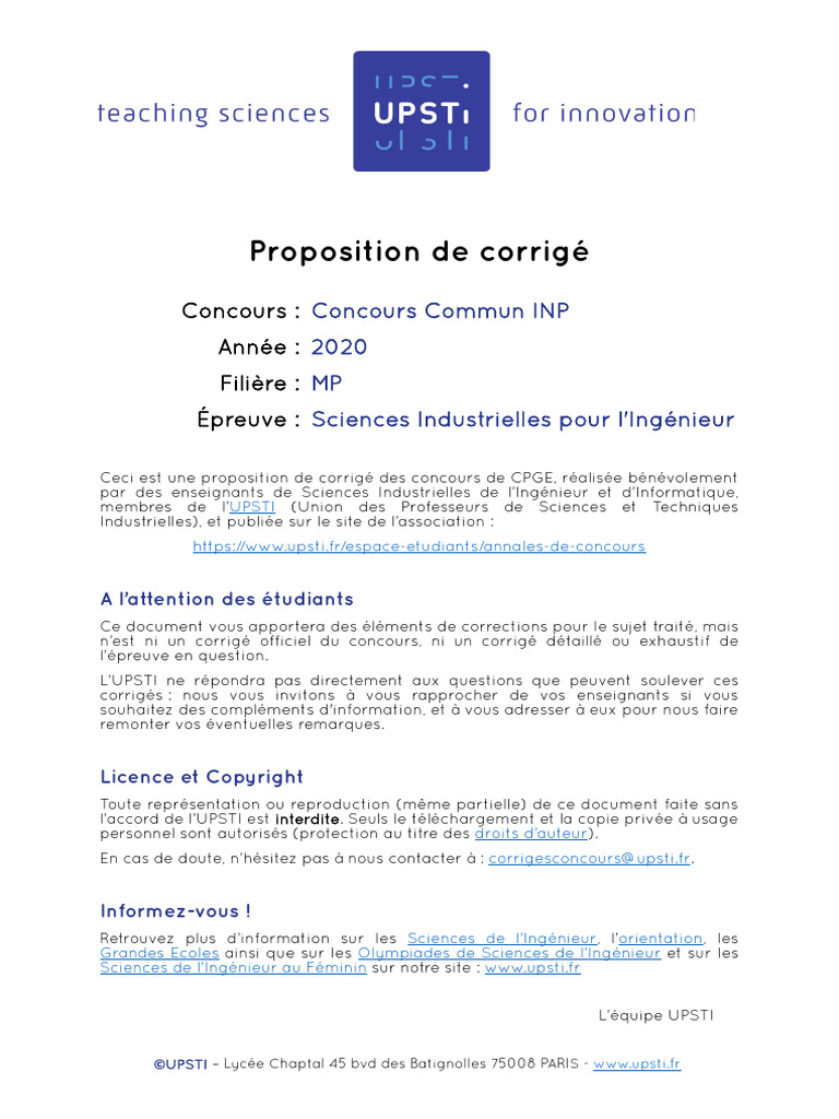 UPSTI Corrige CCINP MP 2020 GyropodeUsageProfessionnelHublex | PDF