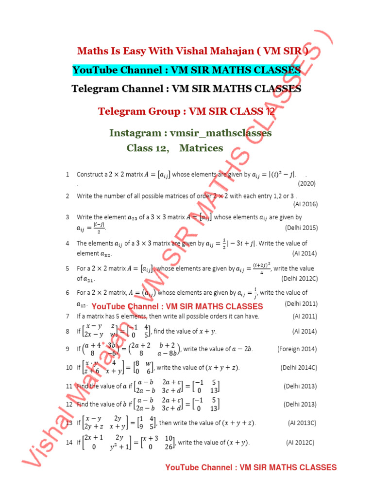 Class 12 Matrices PYQ's | PDF Class 12 Matrices PYQ's | PDF