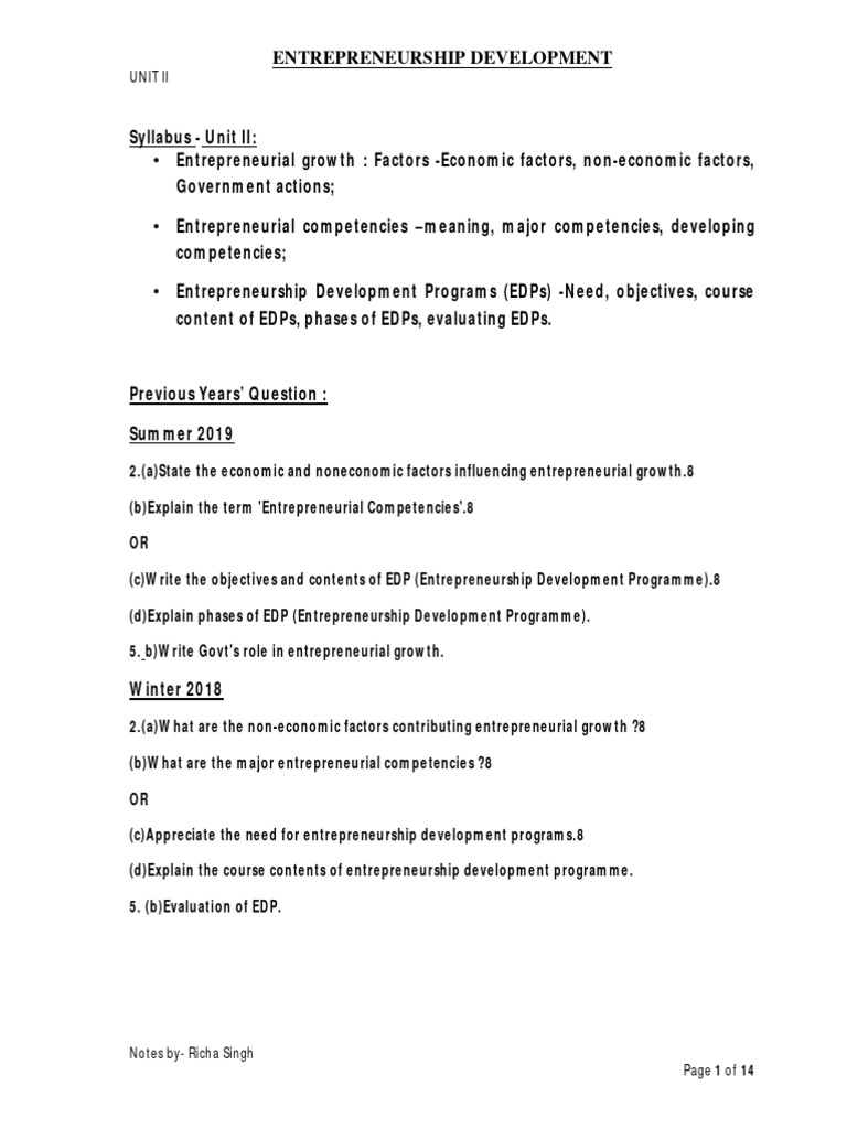 Entrepreneurship Development - Unit II | PDF | Entrepreneurship | Labour Economics