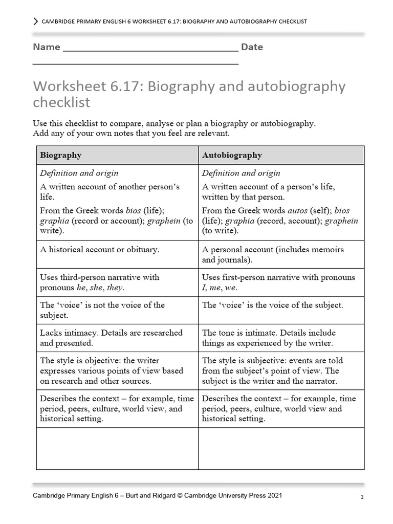 Biography vs Autobiography Checklist | PDF