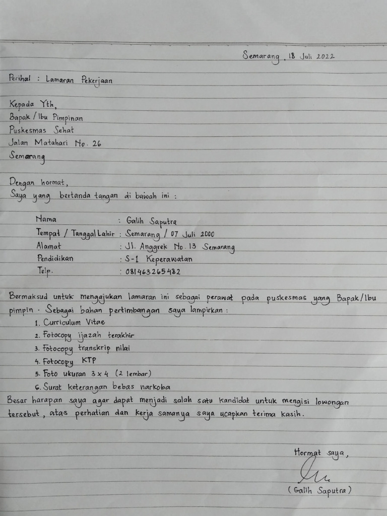 CNTH Surat Lamaran Kerja Tulis Tangan (No PNGLMN) | PDF
