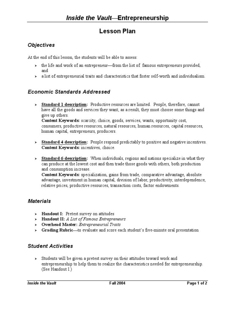 Entrepreneurship Lesson Plan Overview | PDF | Resource | Entrepreneurship