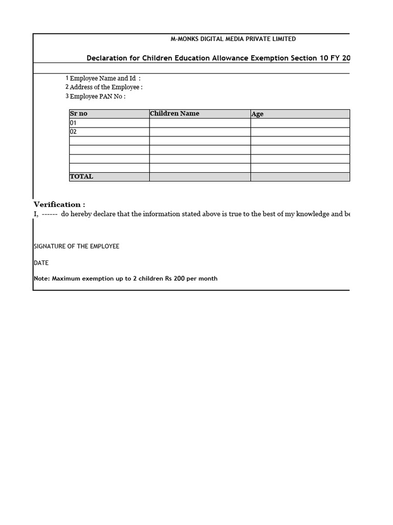 FBP - Declaration For Children Education Allowance Exemption | PDF