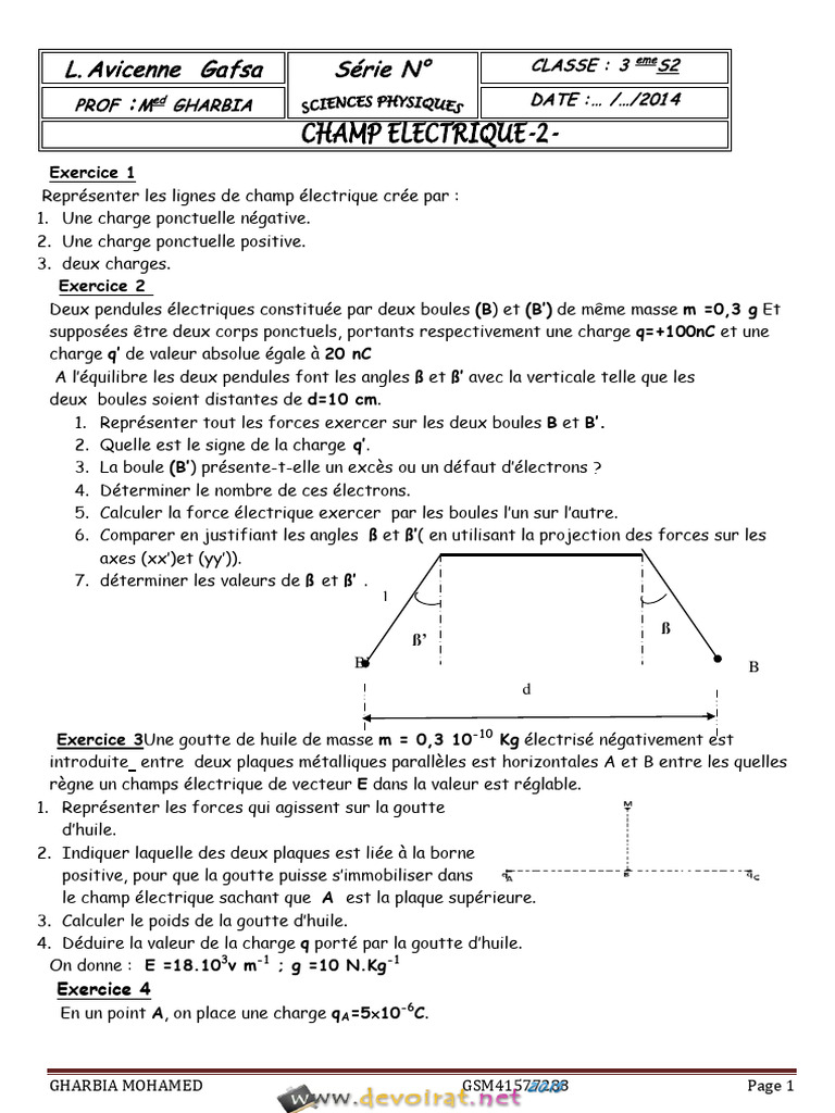 Série D'exercices N°1 - Sciences Physiques Champ Electrique - 3ème Sciences Exp (2013-2014) MR ...