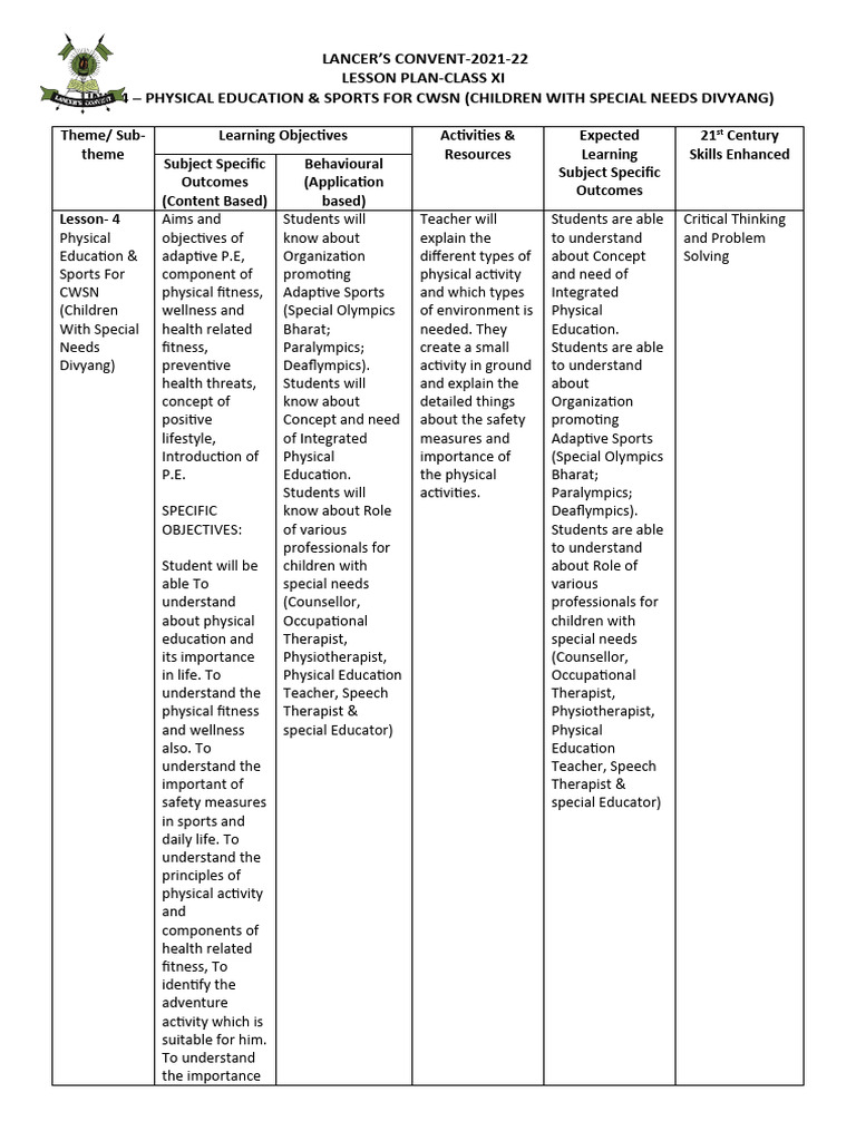 Lesson Plan Class XI (Chapter - 4 - PHYSICAL EDUCATION & SPORTS FOR ...
