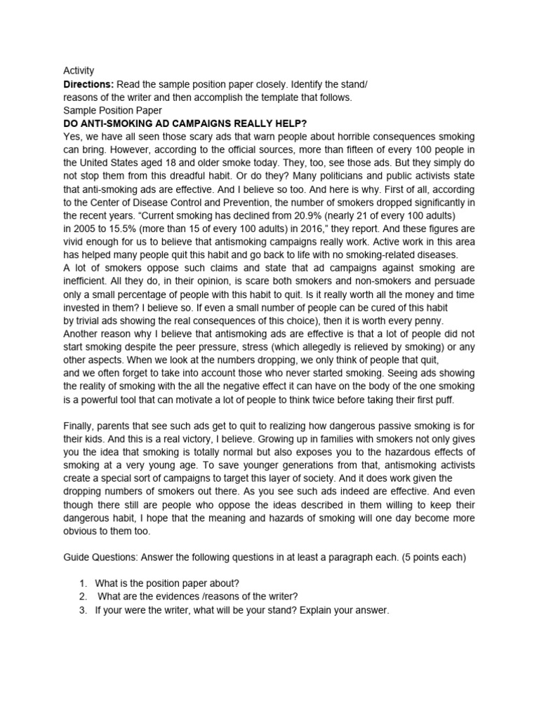 Anti Smoking Ad Campaign (Analyzing A Sample Position Paper) | PDF ...