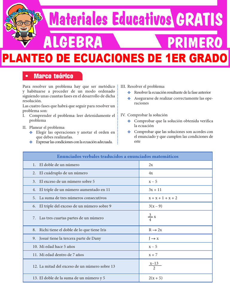 Planteo de Ecuaciones de 1er Grado para Primer Grado de Secundaria | PDF | Ecuaciones | Matemáticas