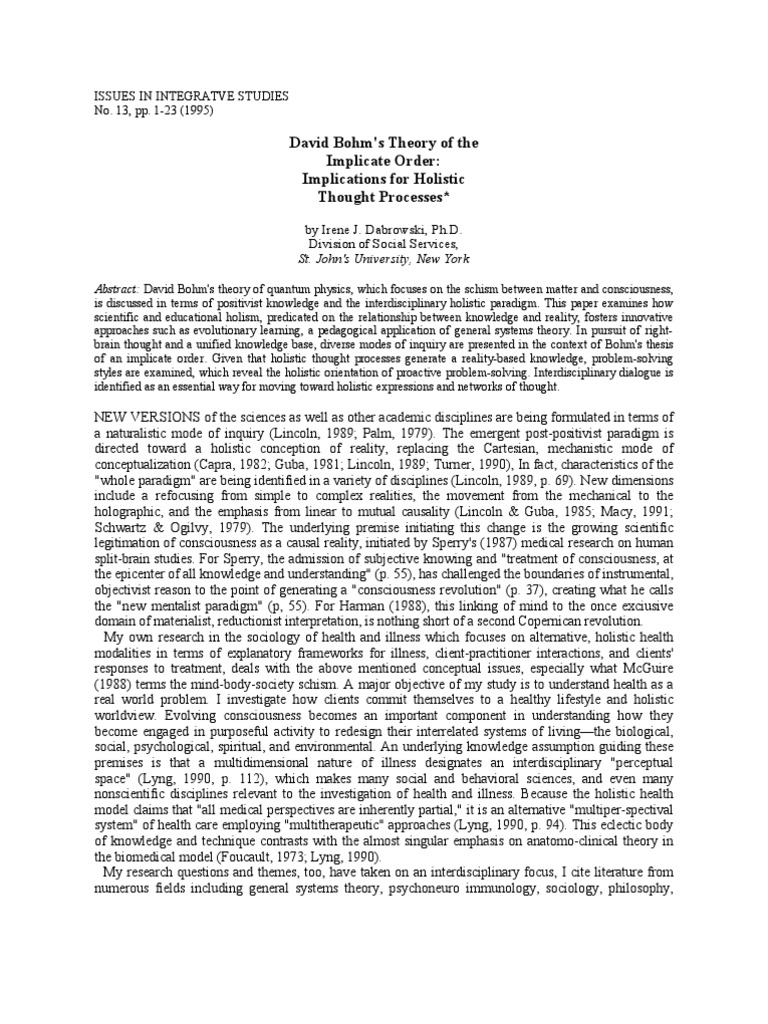 David Bohm's Theory of The Implicate Order: Implications For Holistic ...