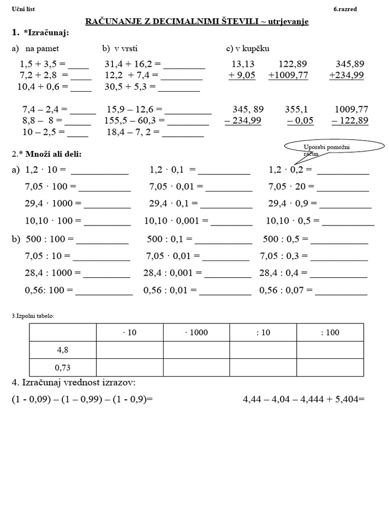 16 1 Vaje Decimalna Števila | PDF