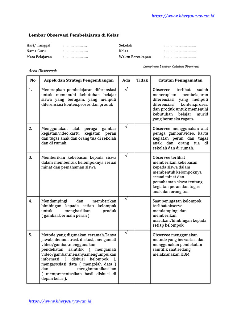 3 Lembar Observasi Pembelajaran Di Kelas | PDF