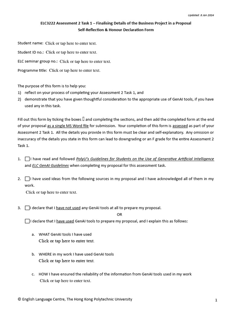 ELC3222 Assessment 2 Task 1 (Proposal)_Self-Reflection & Honour Declaration Form | PDF ...