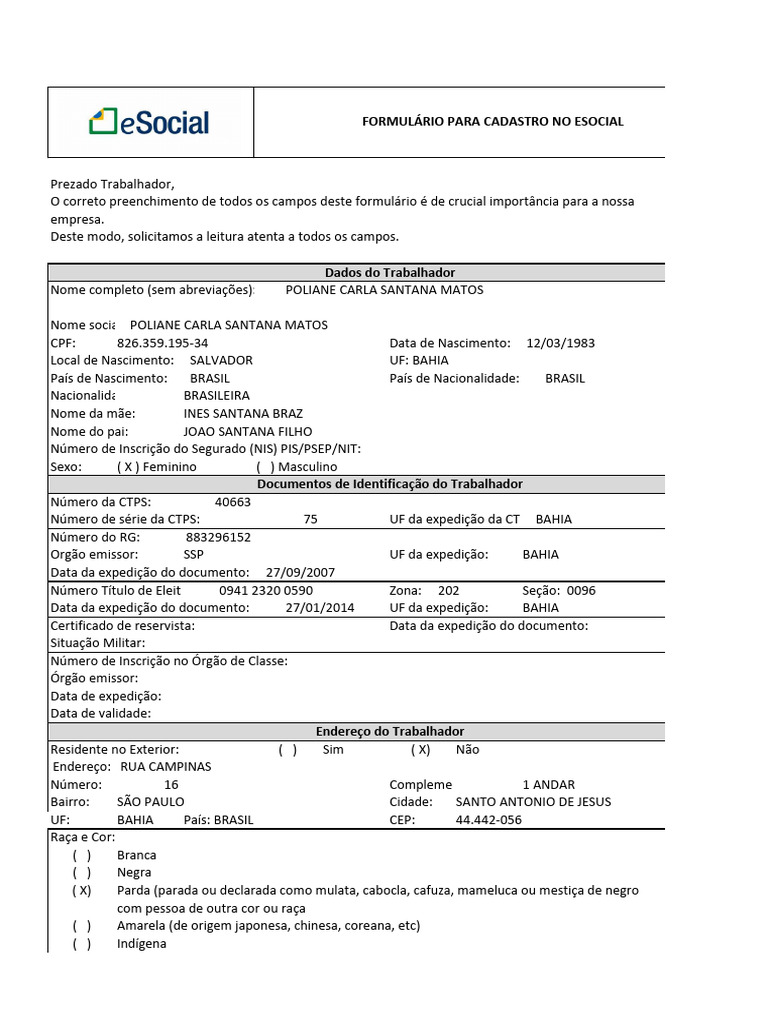 Ficha de Cadastro para eSocial | PDF