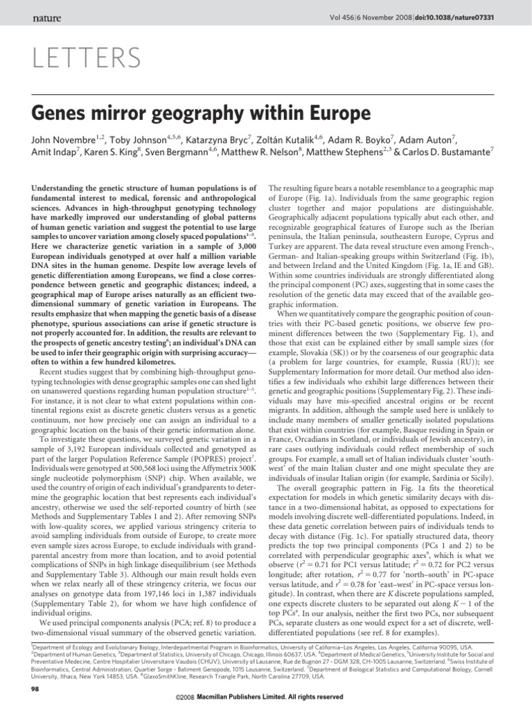 Novembre Et Al. - 2008 - Genes Mirror Geography Within Europe | PDF ...