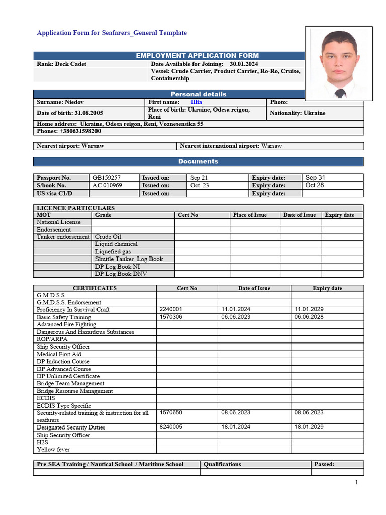 Application Form Niedov..Illia | Download Free PDF | Ships | Freight ...