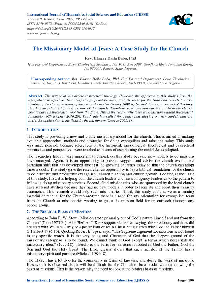 The Missionary Model of Jesus: A Case Study For The Church: Rev ...