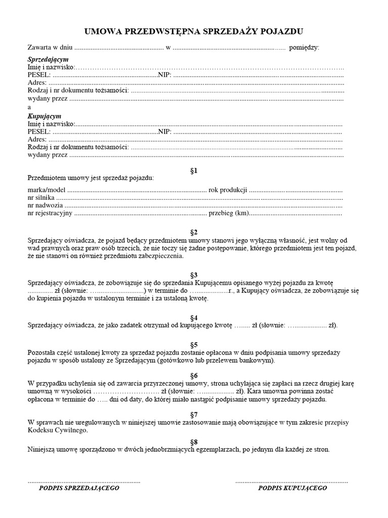 Umowa Przedwstepna Sprzedazy Pojazdu | PDF