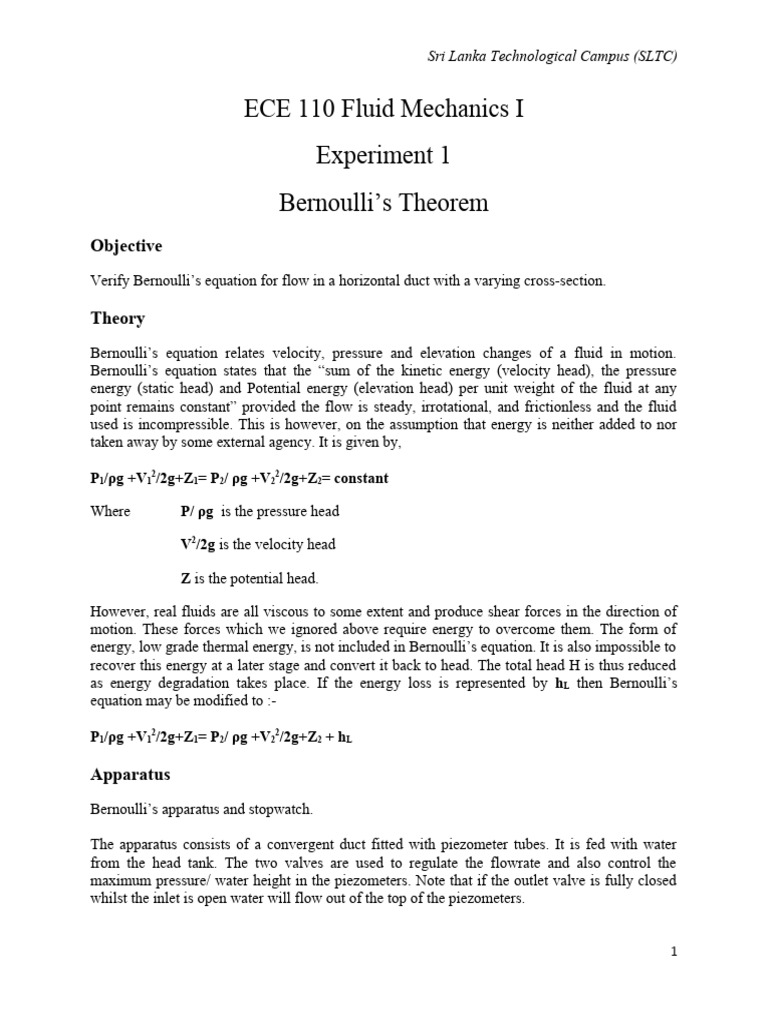Experiment 1-Bernoullie Principle | PDF