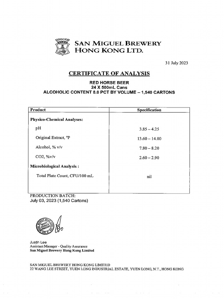 COA For Material Code 8800993 RHC500 | PDF