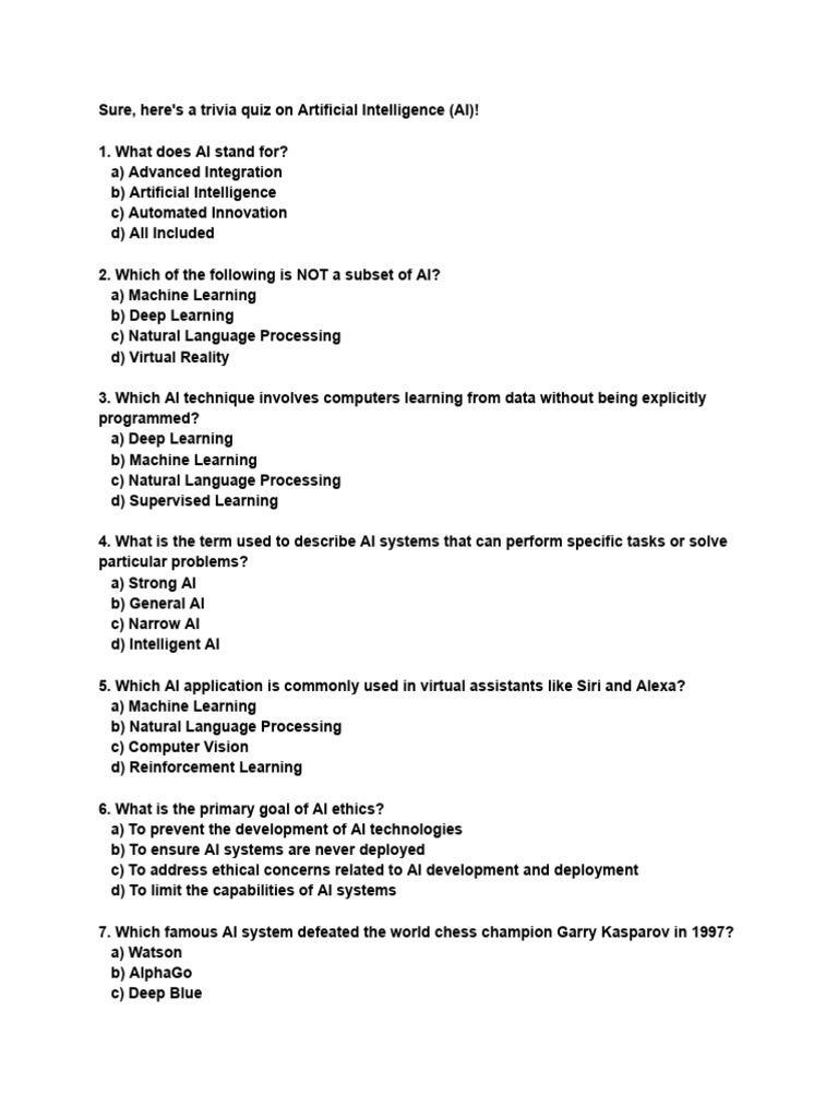 A Trivia Quiz On Artificial Intelligence (AI) | PDF | Computers