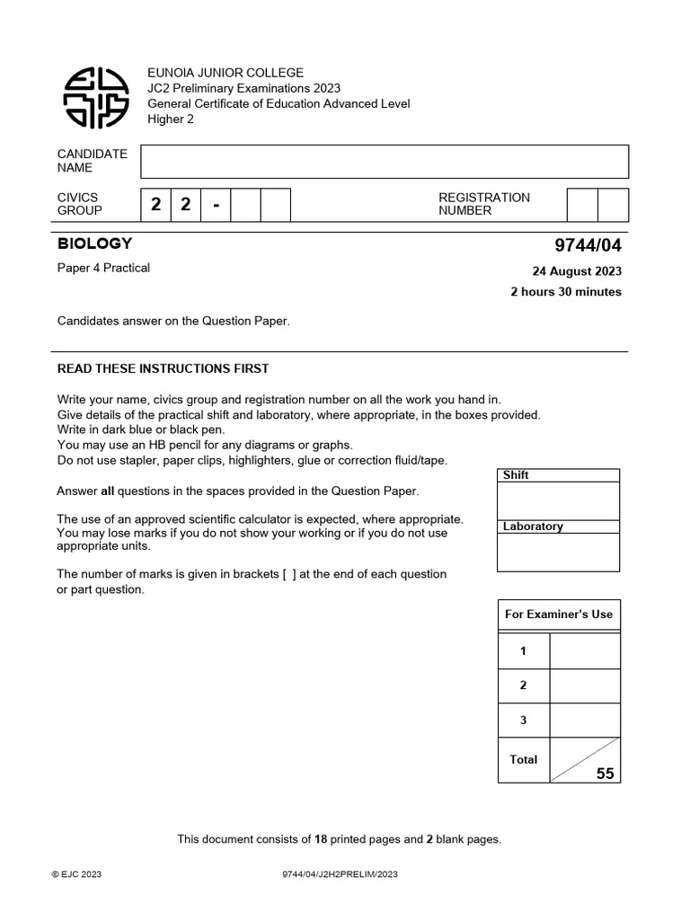 2023 EJC JC2 Prelim 9744 Biology P4 (Q) | PDF | Water | Chemistry