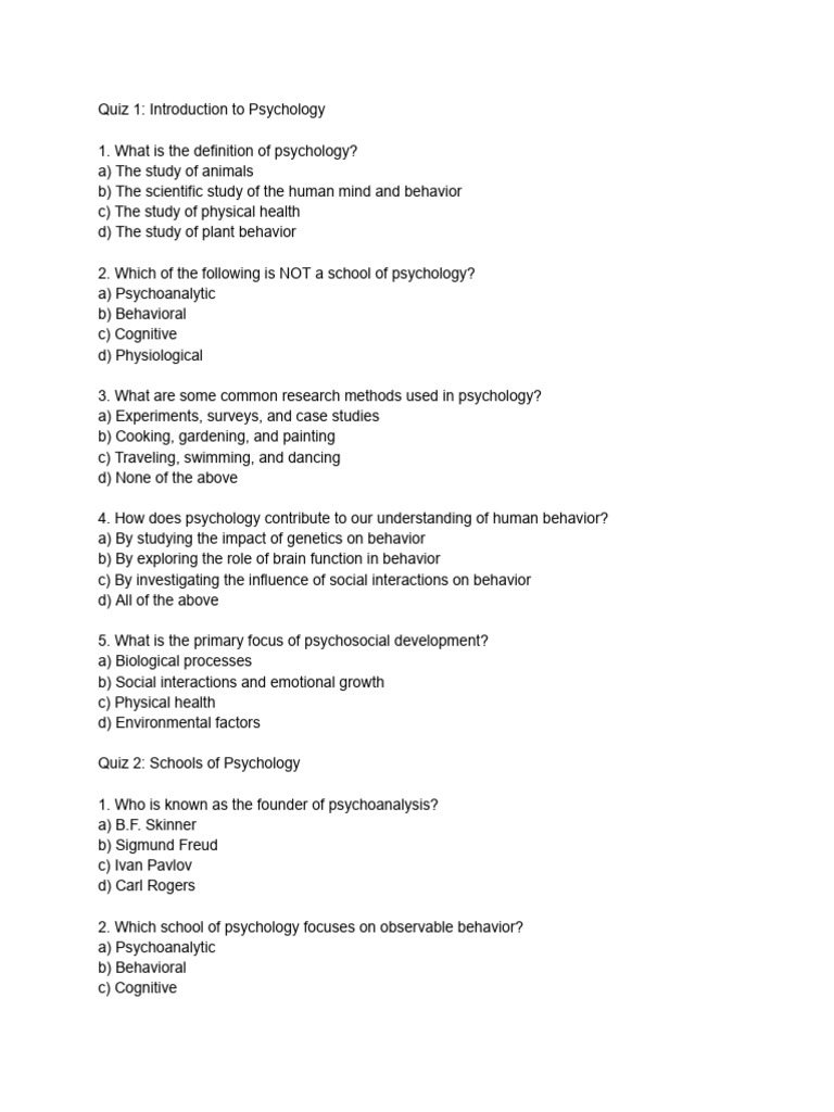 Quiz 1 - Introduction To Psychology | PDF | Psychology | Psychoanalysis