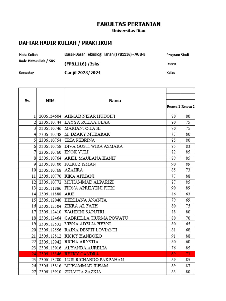 Rekap Nilai DDTT Agb B 2023 | PDF