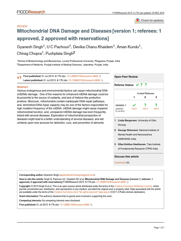 Mitochondrial DNA Damage and Diseases | PDF | Mitochondrial Dna ...
