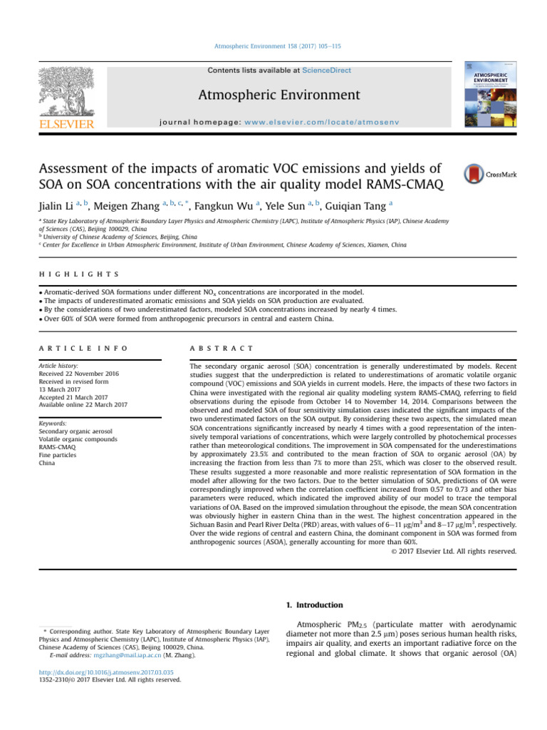 Assessment of The Impacts of Aromatic VOC Emissions and Yields of SOA On SOA Concentrations With ...