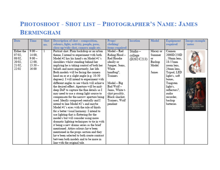 Photoshoot Shot List - For Test Shoot | PDF