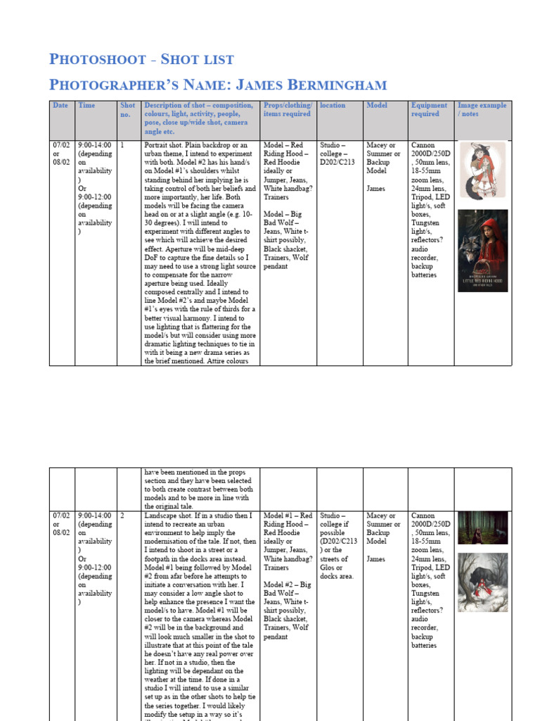 Photoshoot Shot List - For Final Shoot | PDF | Camera | Camera Lens